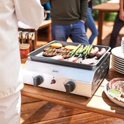 Plynový gril Outsunny 8000BTU/2,4 kW, grilovací vozík včetně 2 nerezových hořáků, regulátor tlaku, 44 x 44,5 x 19 cm, stříbrná + černá