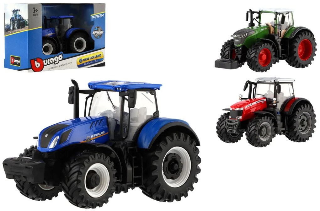 Traktor Bburago Fendt 1050 Vario/New Holland kov/Massey F.plast 13cm 2 druhy v krabičce 15x11x8cm