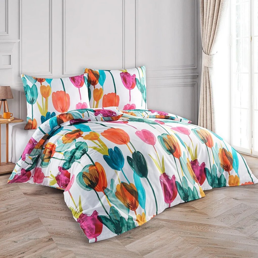 BedTex Saténové povlečení Tulipi, 135 x 200 cm, 80 x 80 cm, 135 x 200 cm, 80 x 80 cm