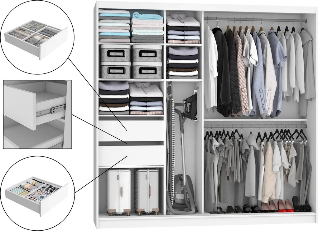 Šatní skříň 200 cm Belini černý mat / dub sonoma s posuvnými dveřmi zrcadlem a zásuvkami  MBP SZP5/1/B/DS/0/KLP