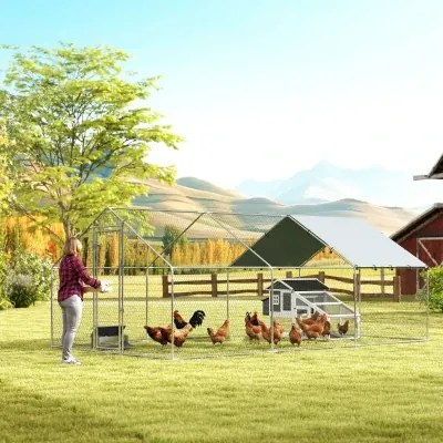PawHut Velký venkovní kuřecí kurník z pozinkované oceli 5,1x3x1,9 m 15,3 m² s pláštěm z oxfordské látky a uzávěrem, stříbrný
