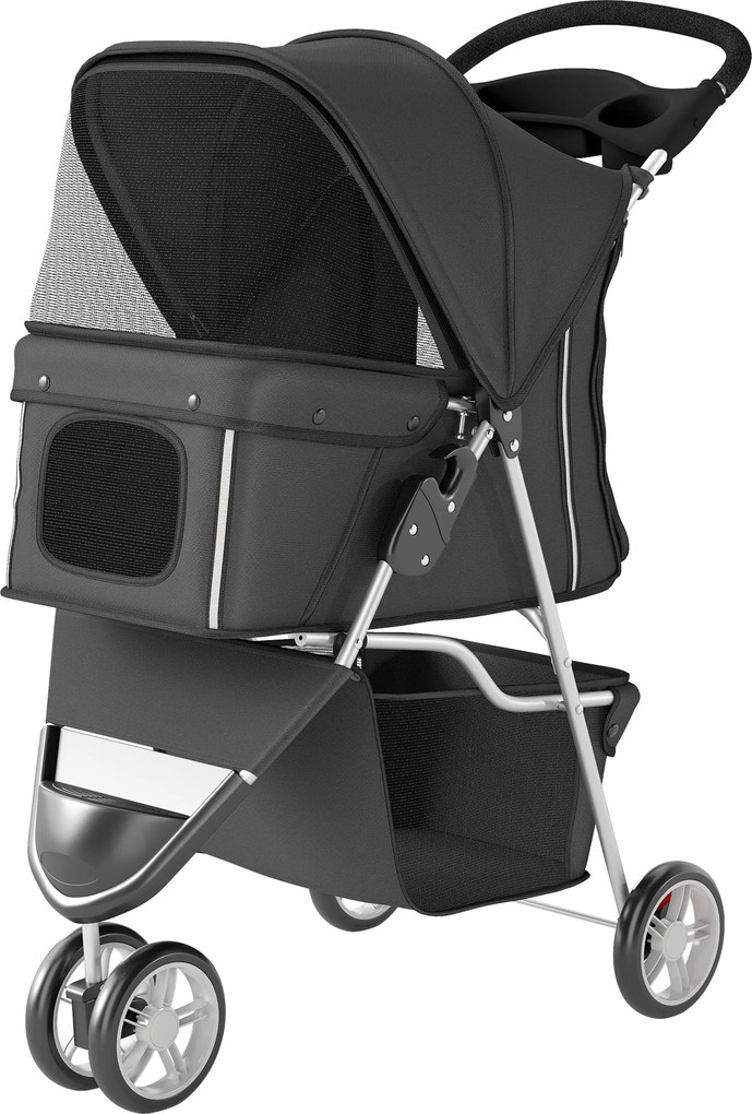 PawHut skládací kočárek pro malé psy s úložným košem, síťovými okny a držákem na nápoj — nosnost 10 kg, 77 × 44 × 102 cm, tmavě šedý