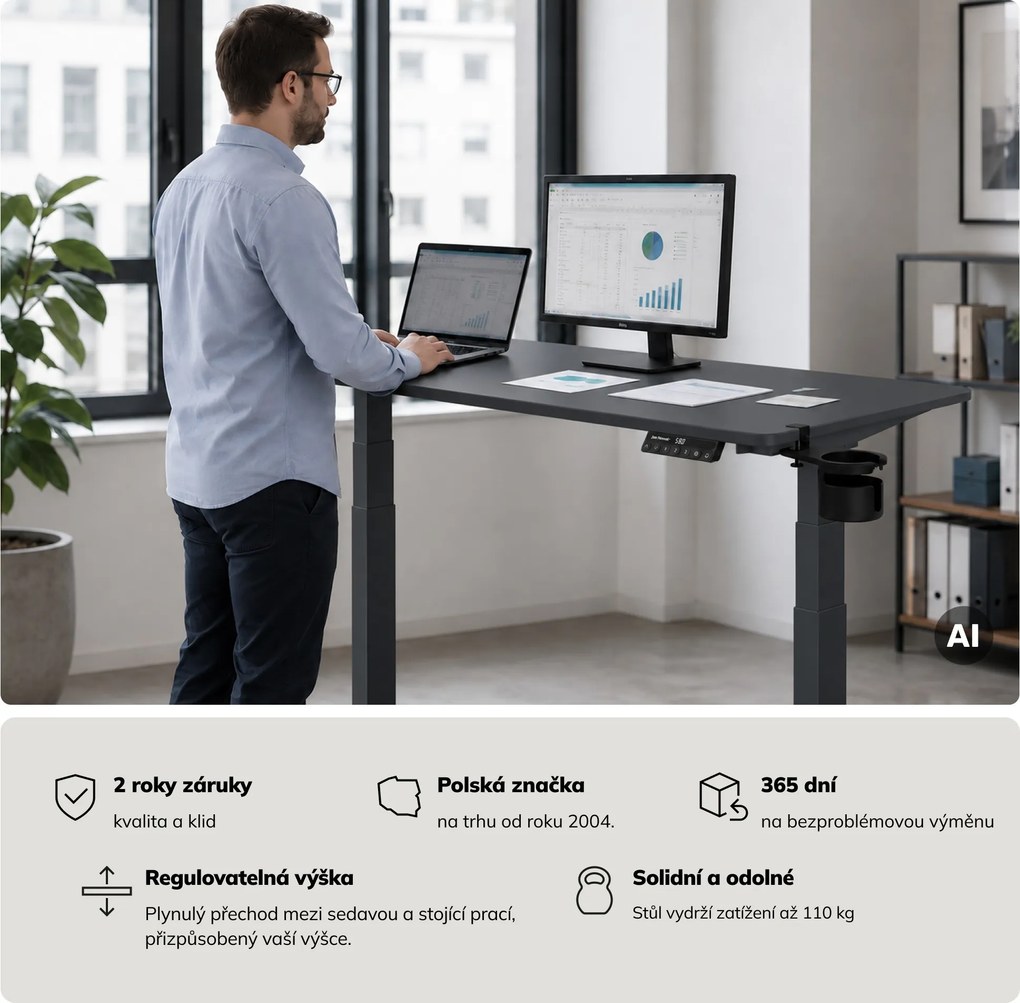 Elektrický stůl s regulací výšky ergonomický antracitový,1400x700 mm: ARIA