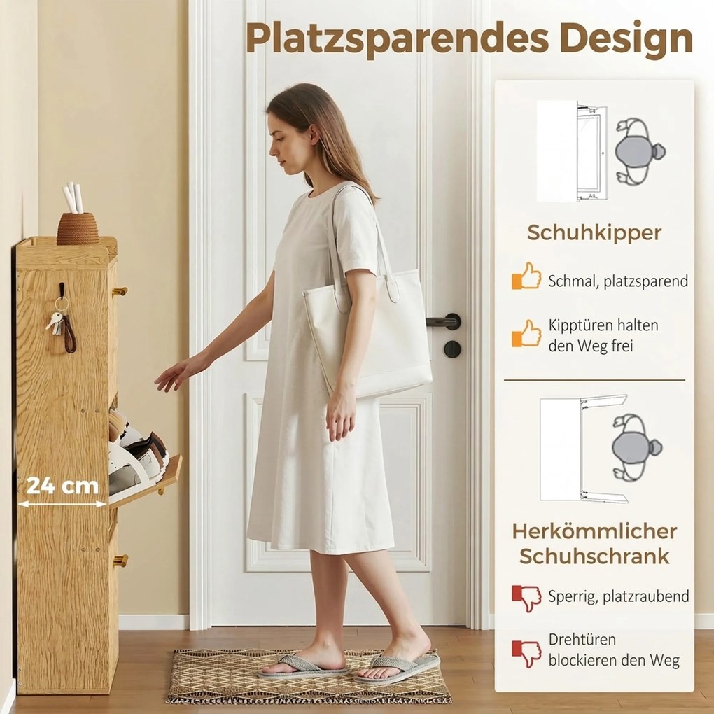 HOMCOM Úzký botník se skládacím designem a 3 přihrádkami, světle hnědý