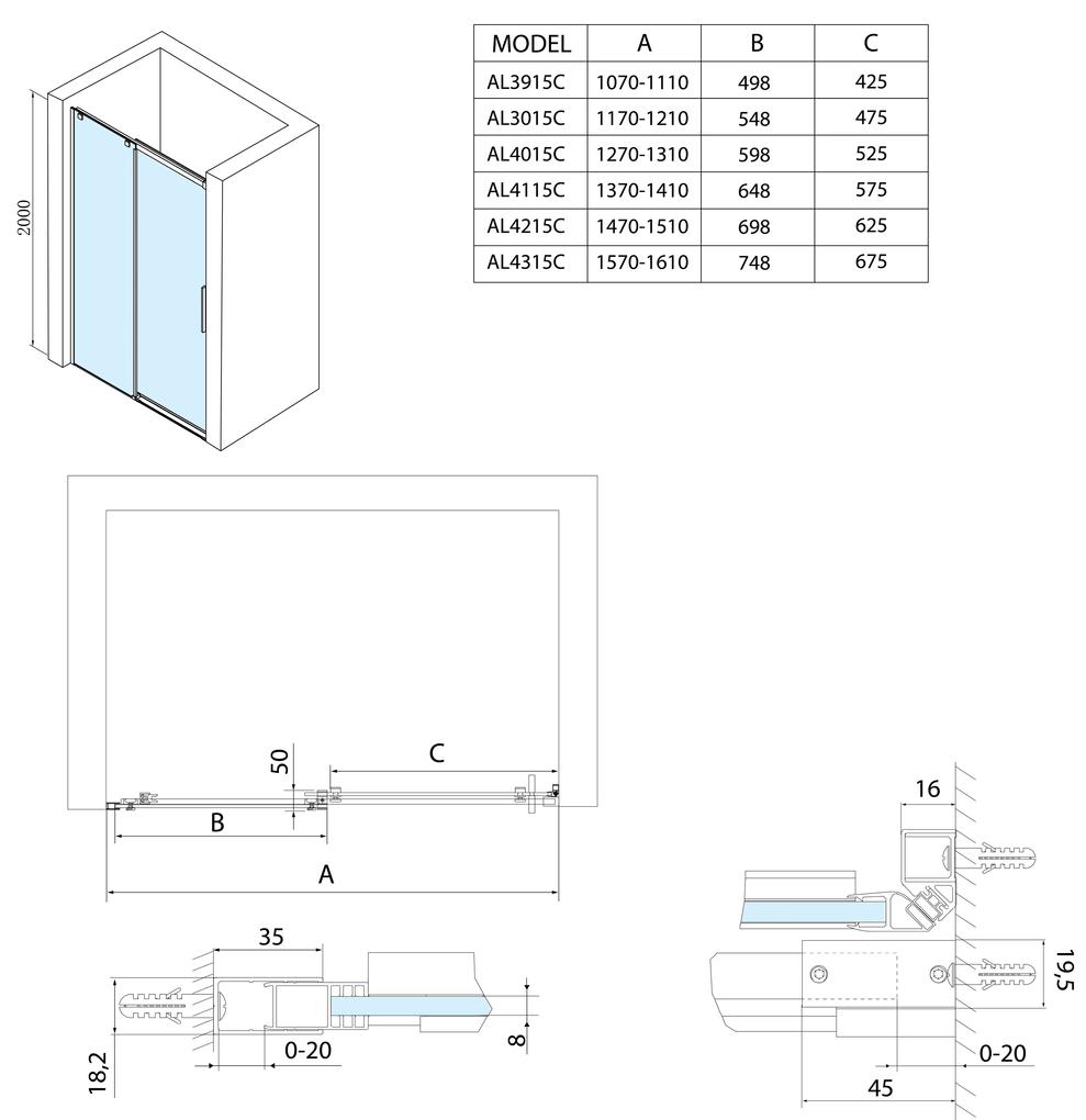 Polysan, ALTIS LINE sprchové dveře 1470-1510mm, výška 2000mm, sklo 8mm, AL4215C