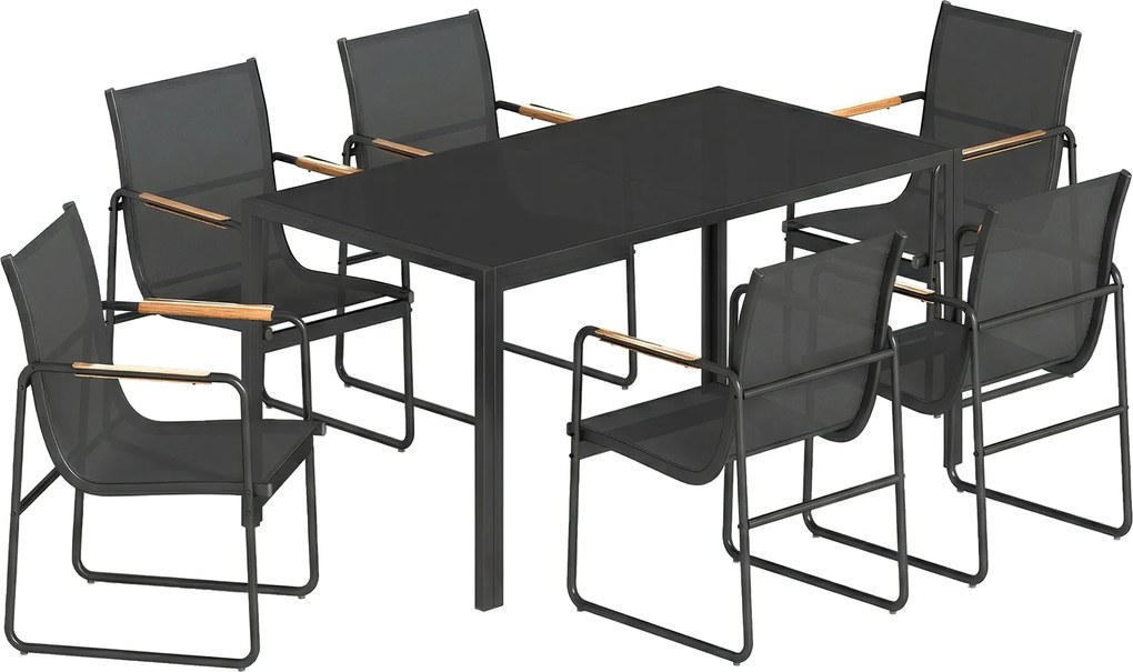 Outsunny Sada zahradního nábytku Sedací souprava 150 x 80 cm Skleněný stůl se 6 prodyšnými židlemi Ozdobné područky Černá barva
