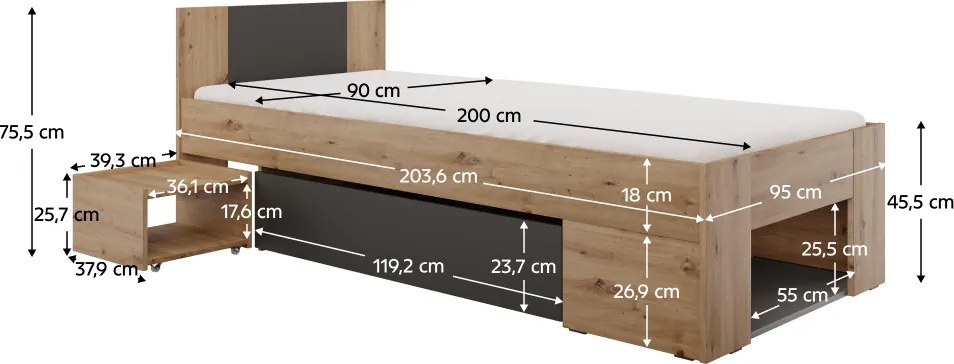 Postel s úložným prostorem, 90x200, dub artisan/antracit, UNIS