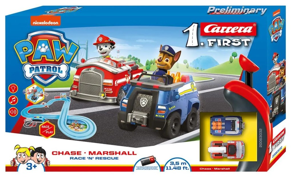 Autodráha Carrera First Paw Patrol/Tlapková Patrola 3,5m plast +2 auta na bat. v krabici 50x30x8cm