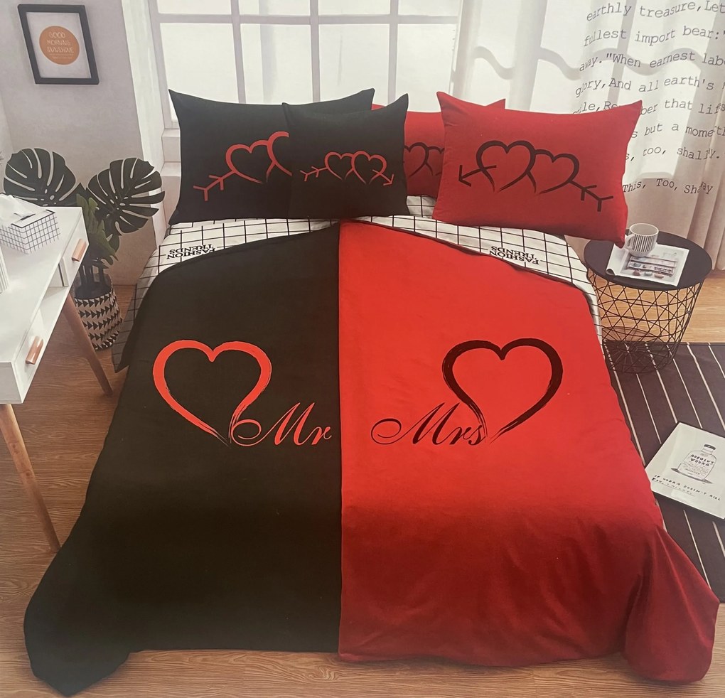 6 dílné Povlečení polycotton Mr &amp; Mrs red 200x140cm + 90x70 cm TiaHome