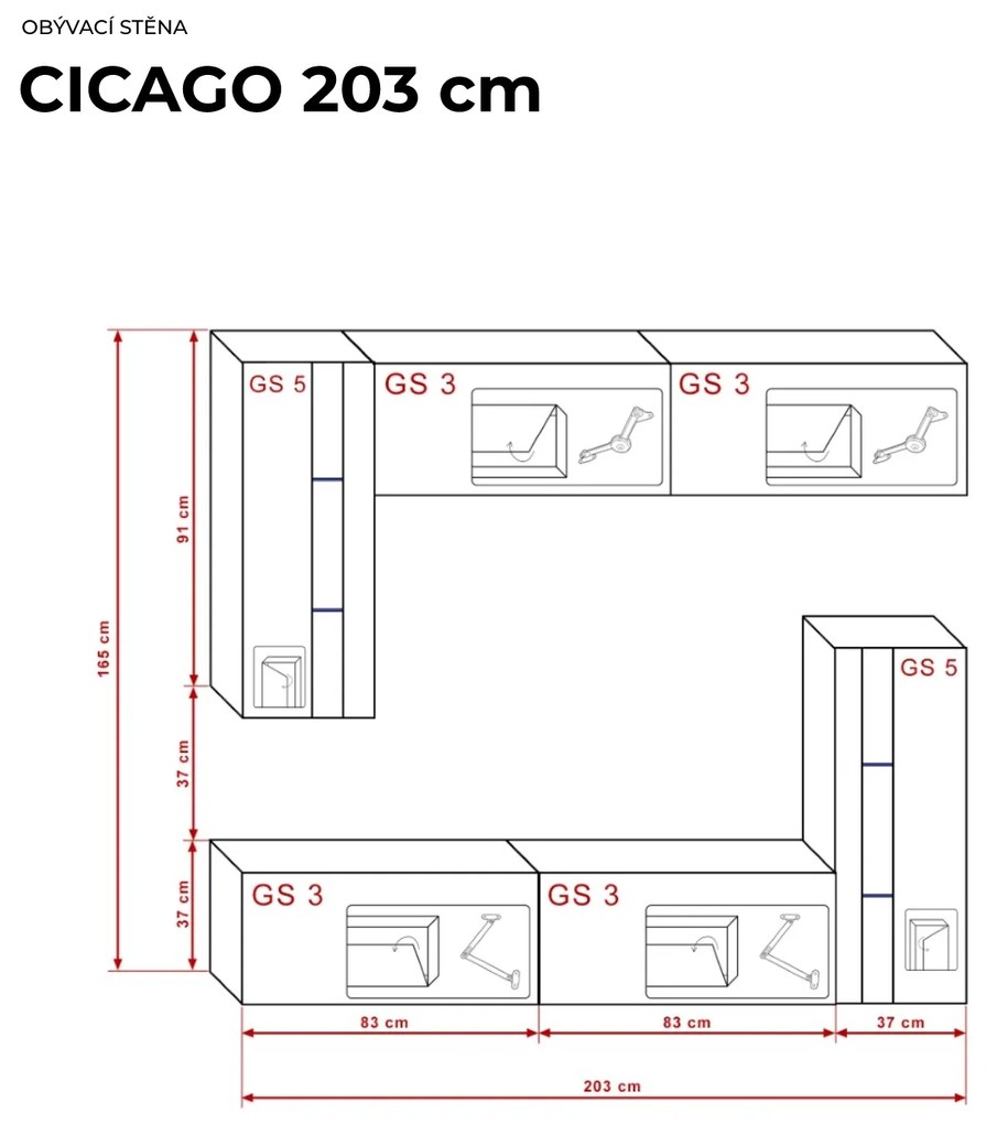 Ral Obývací stěna CHICAGO 3, 203 cm - Černý lesk