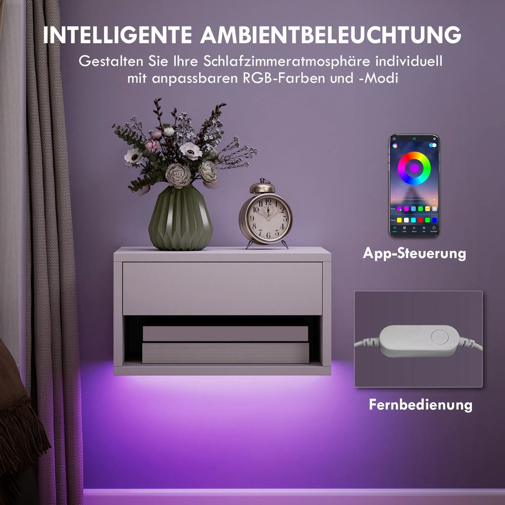 HOMCOM Noční stolek 2dílná sada s RGB LED osvětlením, závěsná noční skříňka s šuplíkem a otevřenou přihrádkou, bílá