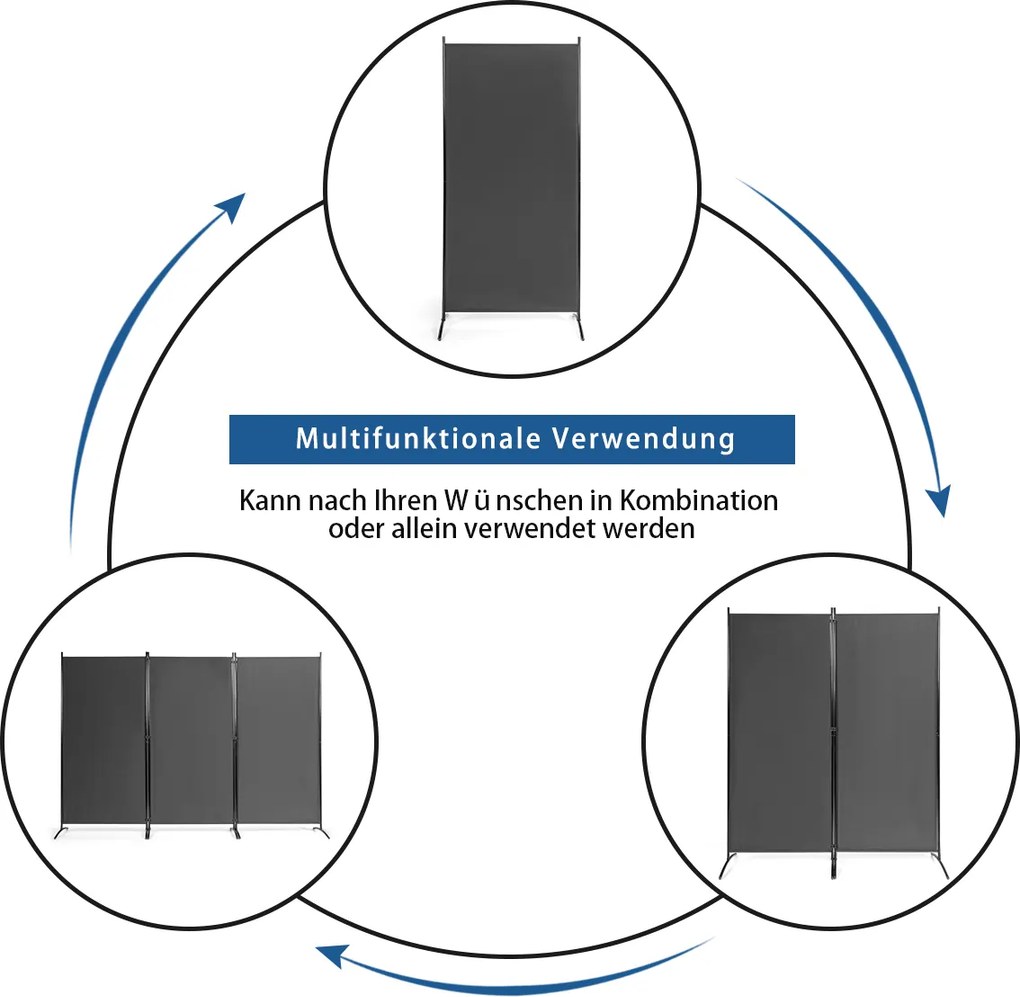 Costway 3 panelový dělič pokojů Skládací látková zástěna – 260 × 183 cm, šedá