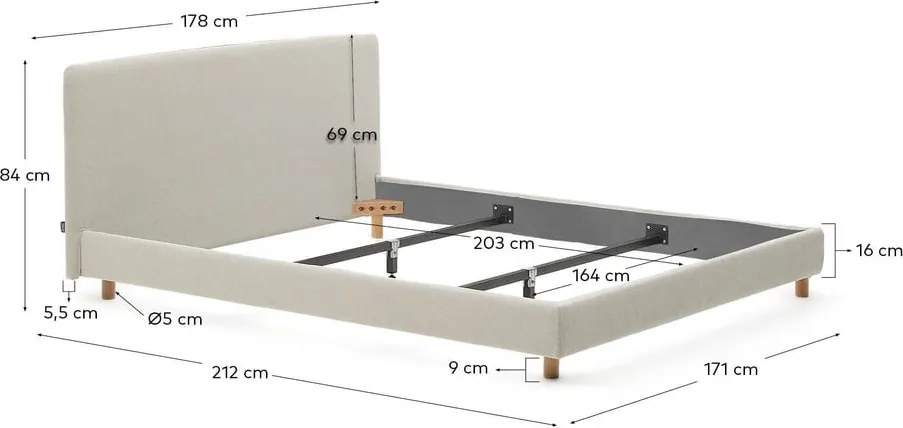 Šedá čalouněná dvoulůžková postel bez roštu 160x200 cm Valma – Kave Home