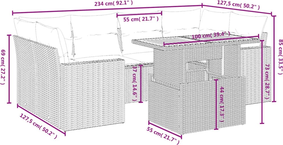7dílná zahradní sedací souprava s poduškami šedá polyratan 3271214