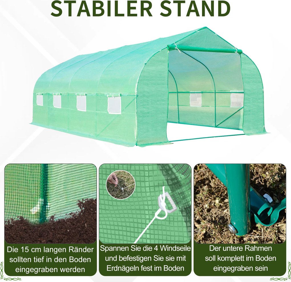 Outsunny skleník na rajčata se sedlovou střechou 600x300x200cm skleník ze zelené fólie pro zahradnictví a péči o rostliny | Aosom.de