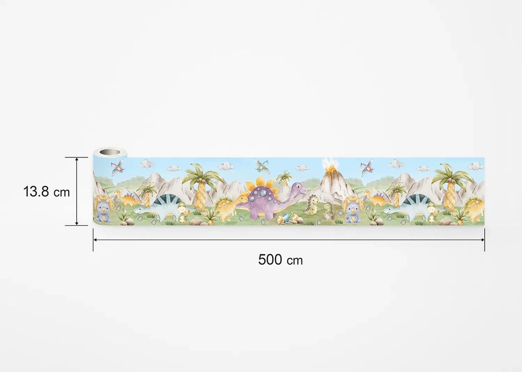 Dětská samolepící bordura na zeď Akvareloví Dinosauři | 5 m x 13.8 cm | DWBD8511