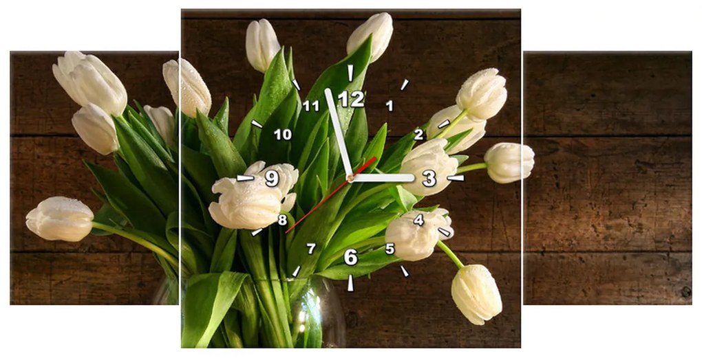 Gario Obraz s hodinami Okouzlující bílé tulipány - 3 dílný Rozměry: 90 x 70 cm