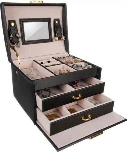 Elegantní šperkovnice – černá se zámkem a saténovým povrchem