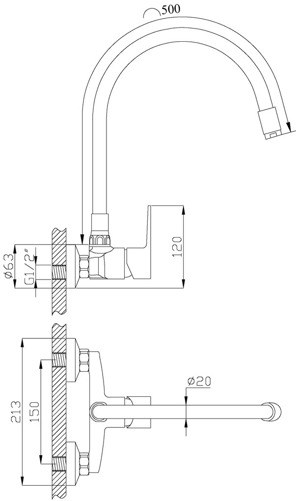 Invena Verso, nástěnná kuchyňská baterie 150mm s elastickým ramenem, černá matná, INV-BC-82-E44-L