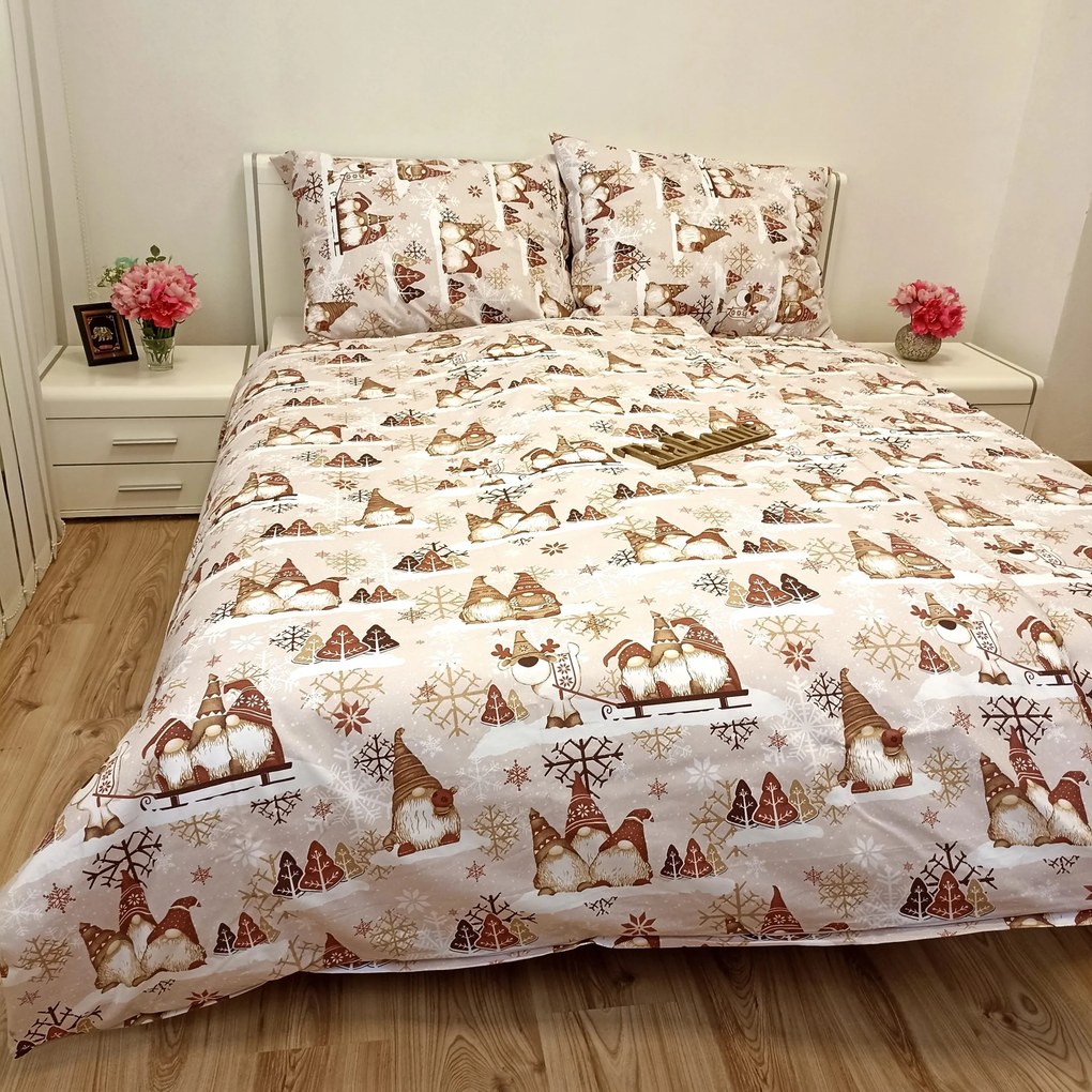 Povlečení bavlněné Vánoční skřítky hnědé TiaHome - 1x Polštář 90x70cm, 1x Přikrývka 140x200cm