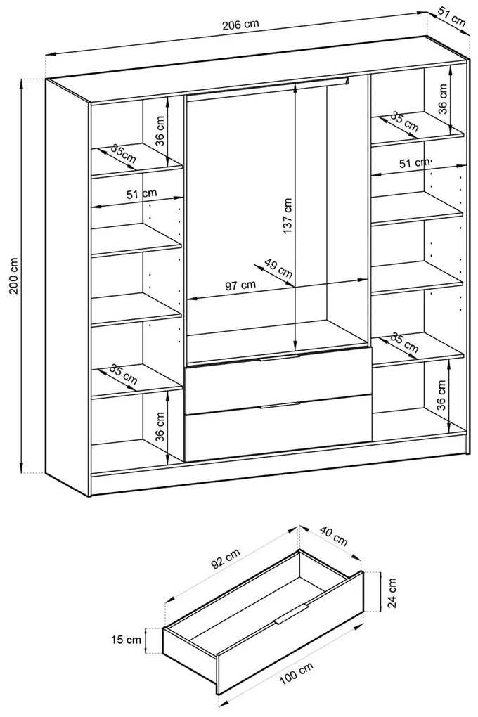 Čtyřdveřová skříň MARFA - šířka 206 cm, dub artisan / černá