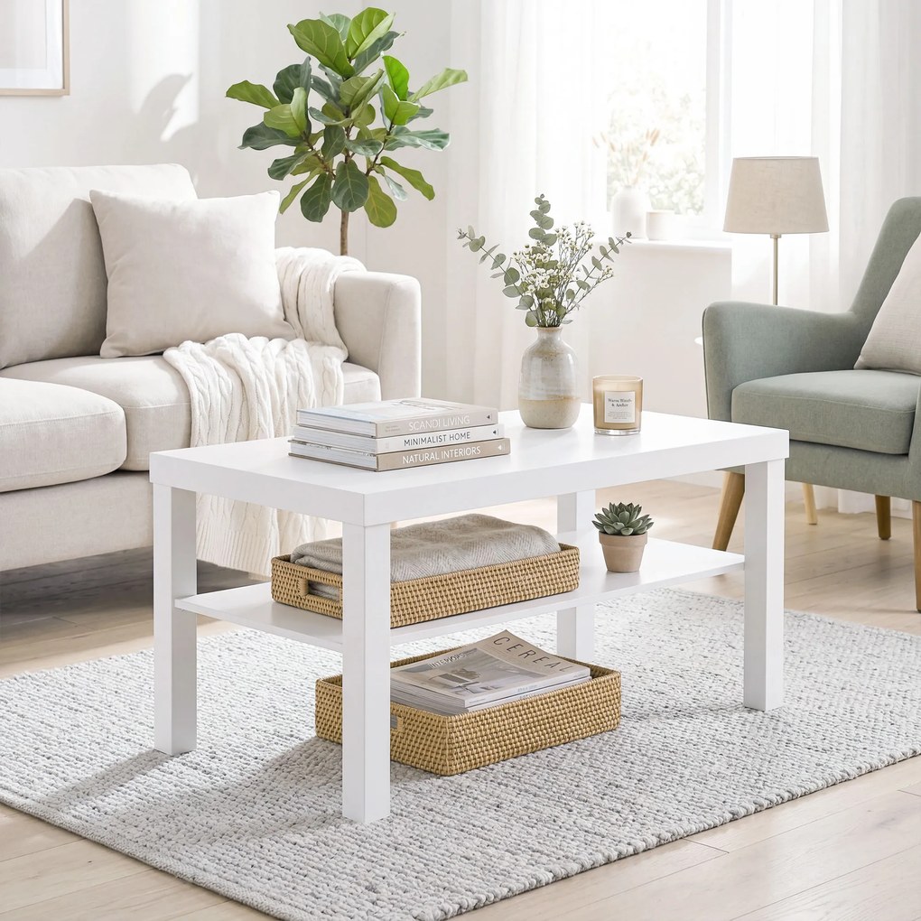HOMCOM konferenční stolek do obývacího pokoje, obdélníkový odkládací stolek se 2 úrovněmi a odkládací přihrádkou, 90x45x44,5 cm, bílá