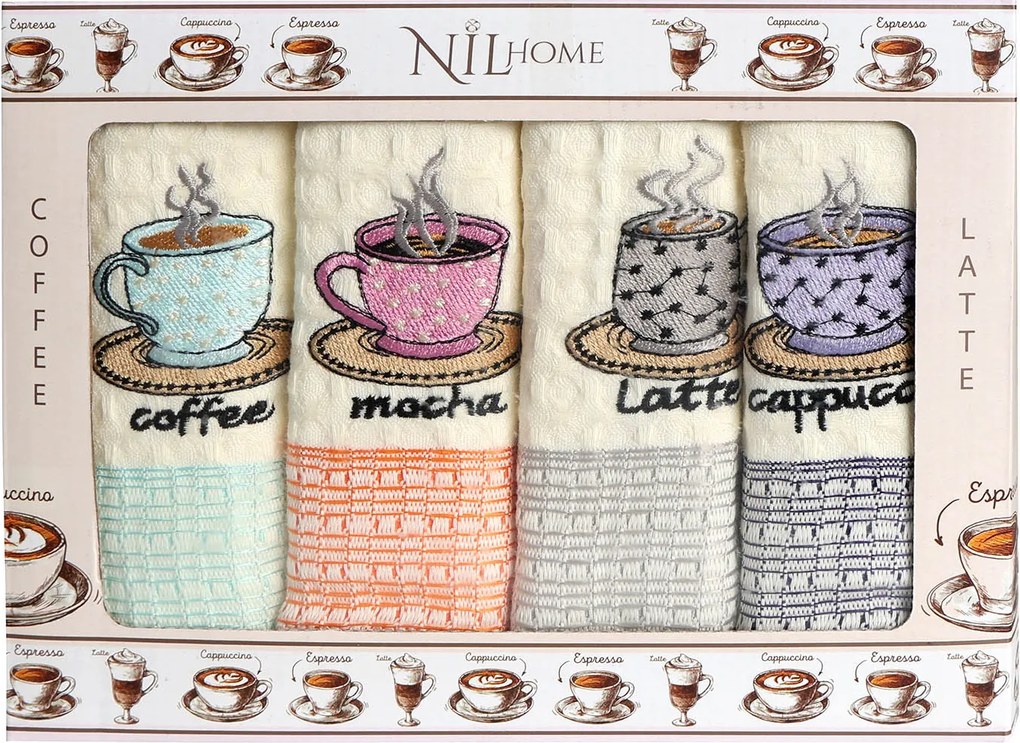 KUCHYŇSKÉ UTĚRKY COFFEES SADA 4 KS 50X70 CM VZOROVANÉ