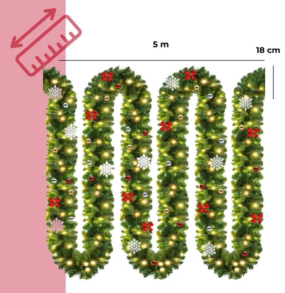 Jurhan Vánoční girlanda ANDREA s osvětlením, zdobená, 5m, zelená
