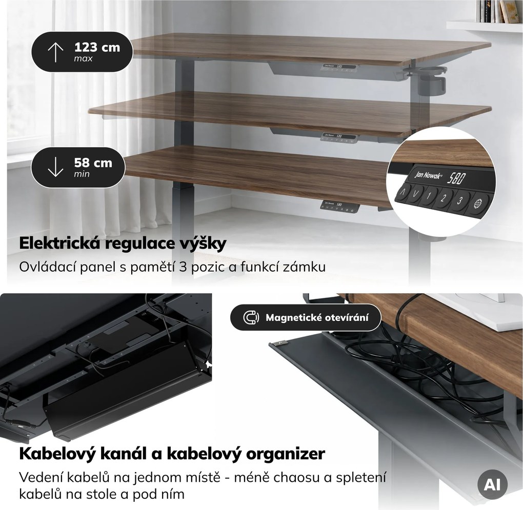 Elektrický stůl s regulací výšky ergonomický antracitový/ořech,1600x800 mm: ARIA