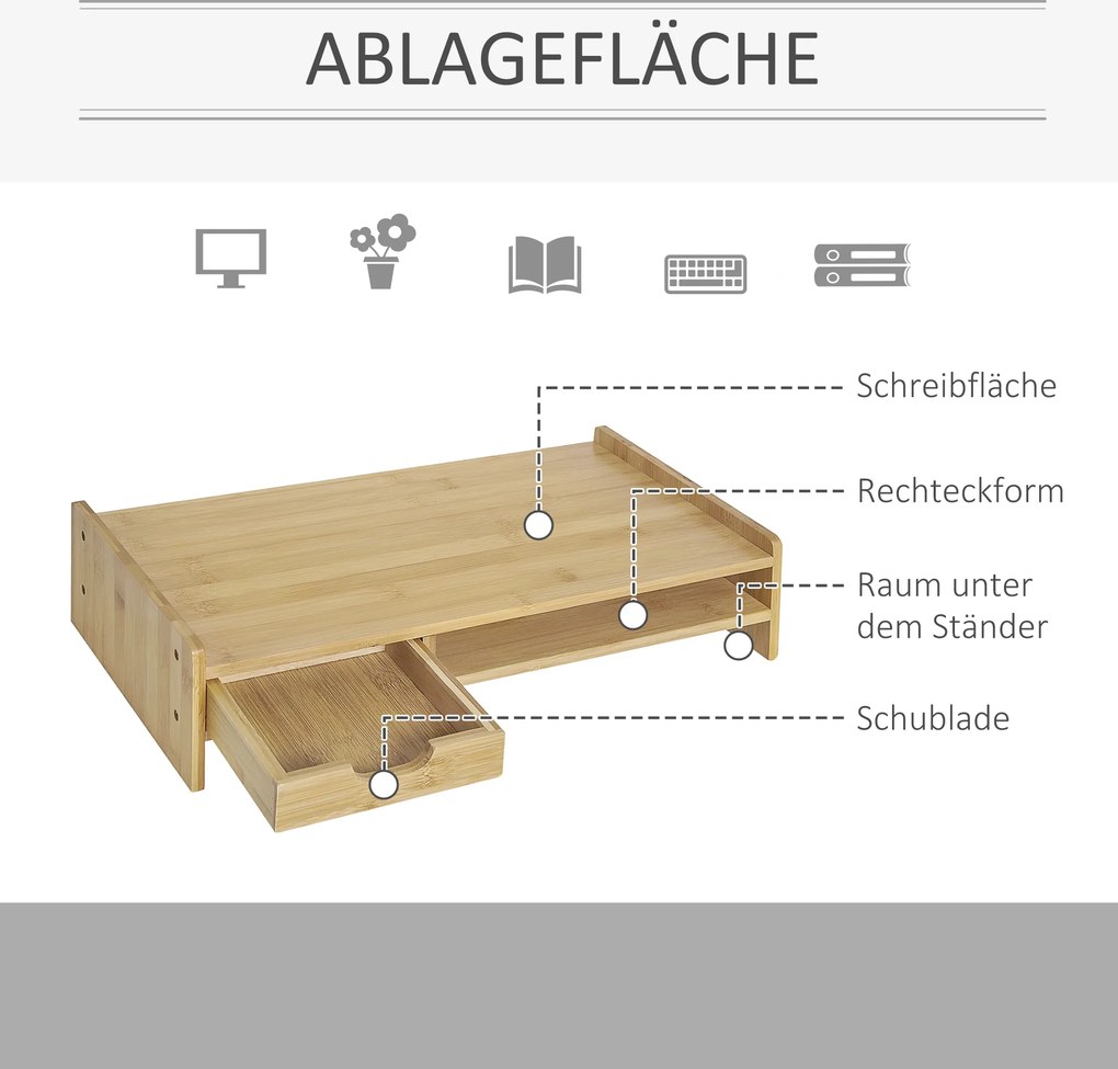 HOMCOM Stojan na monitor Stojan na obrazovku Stolní organizér se zásuvkami v přírodní barvě 49x25,5x11,5cm pro objednávku na pracovišti