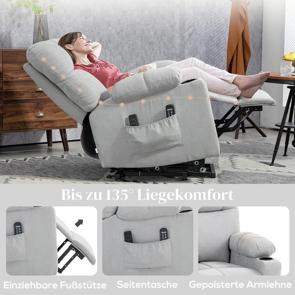 HOMCOM Křeslo pro seniory se stojanem, elektrické, se 3 režimy, 8 masážními body, vyhřívání, pěnové, 91 x 95 x 109 cm, světle šedé