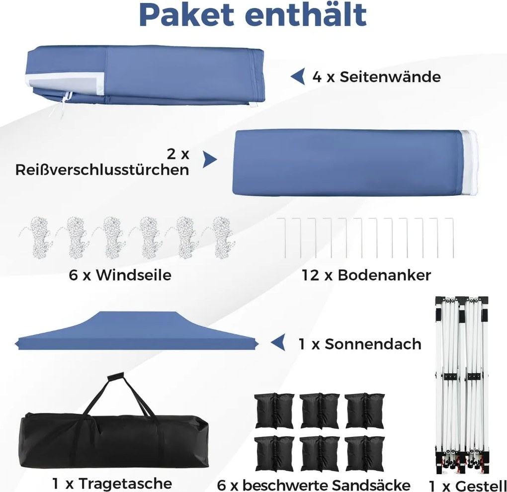 Costway Pavilon skládací pavilon s 6 odnímatelnými bočními stěnami a – modrý