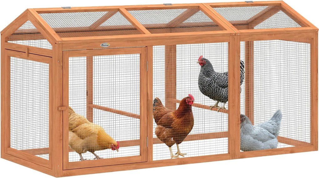 PawHut kurník a výběh 156 x 70,5 x 84 cm s bidýlkem a dvojími dveřmi, dřevo+kov, venkovní výběh pro 4 slepice | Aosom