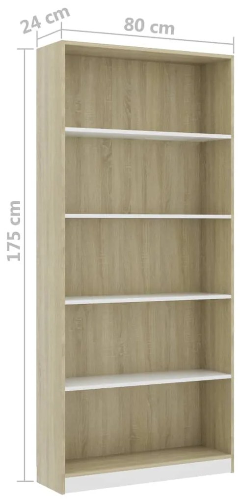 Knihovna Anabel - 5 polic - bílá a dub sonoma | 80x24x175 cm