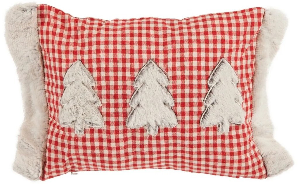 Bílo-červený károvaný polštář se stromky Snow - 32*24 cm