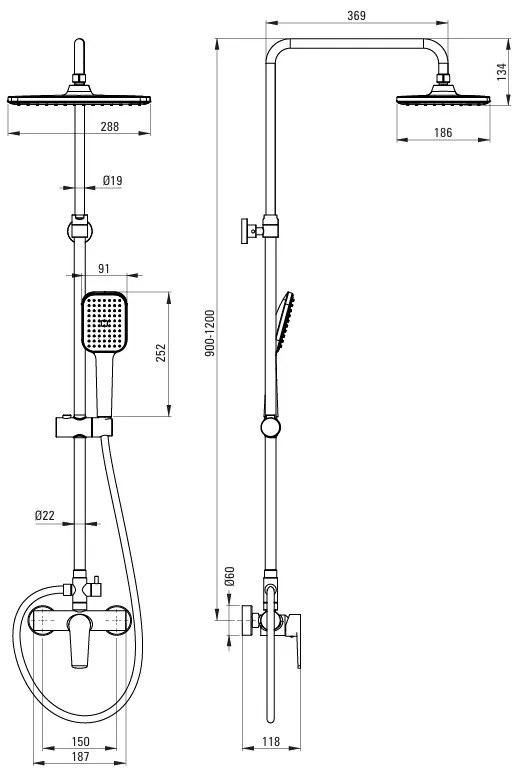 Deante Tubo, sprchová souprava s pákovou baterií h-1200, chromová, DEA-NUT_04XM
