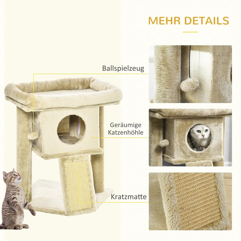 PawHut Škrabací sloup 57 cm Malý kočičí strom s kočičí jeskyní, odpočinkovou platformou, škrabacím panelem, hracím míčem, kočičí nábytek pro kočky do…