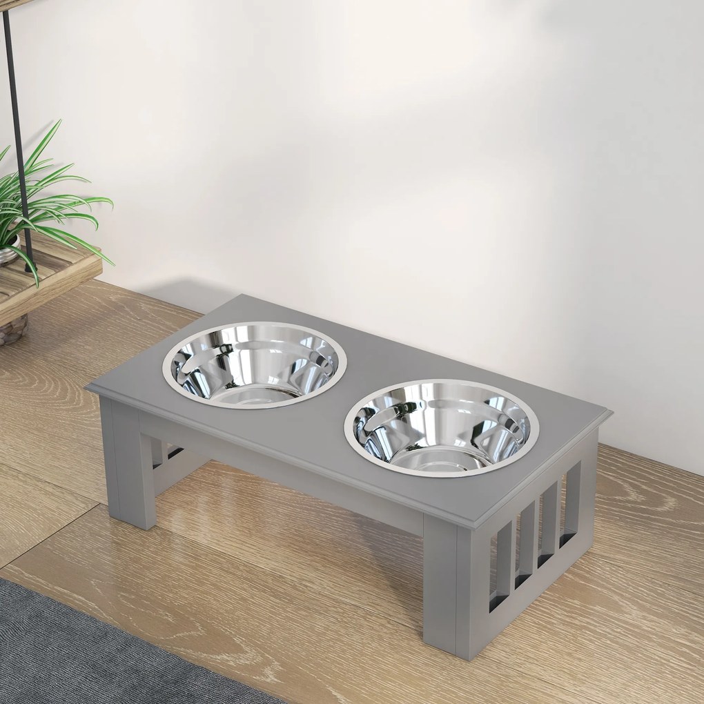PawHut miska pro psy se 2 miskami 0,9 l vyvýšená miska na krmivo pro kočky snadná údržba nerezová ocel šedá 44 x 24 x 15 cm