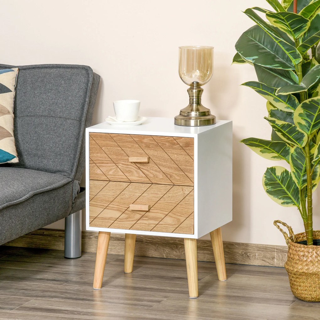 HOMCOM Noční stolek s 2 zásuvkami a zvýšenými nohami do ložnice 40x30x55,5 cm Bílý a přírodní