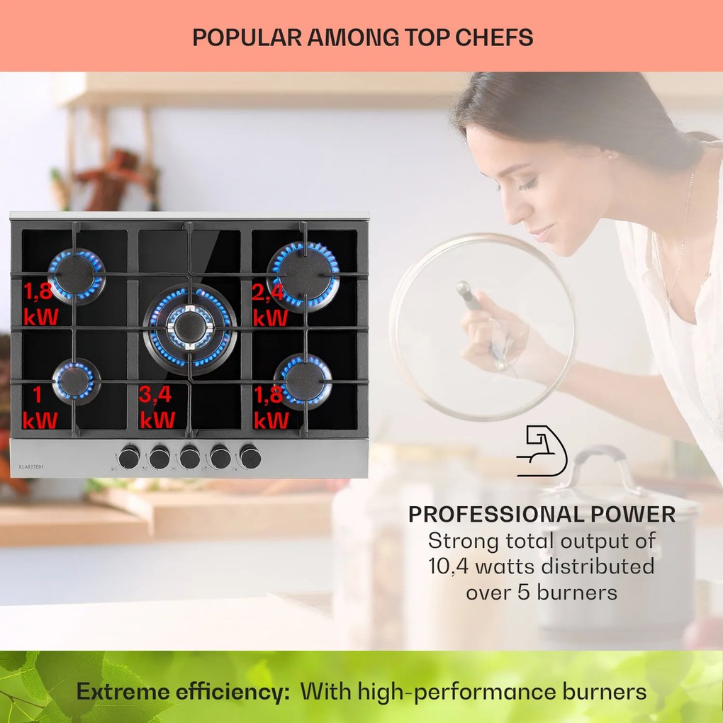 Klarstein Alchemist, plynová varná deska, 5 hliníkových hořáků, sklokeramika, černá