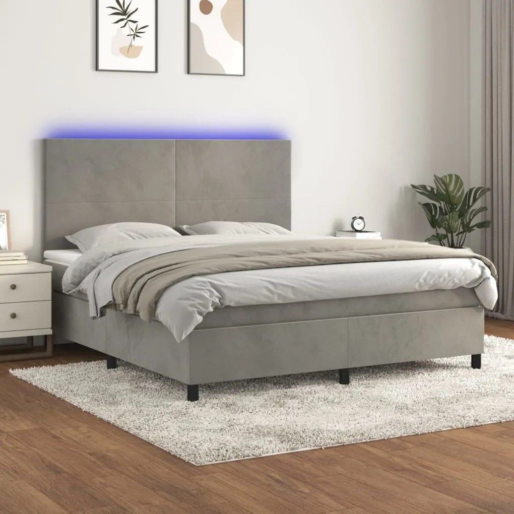 Box spring postel s matrací a LED světle šedá 160x200 cm samet 3136011