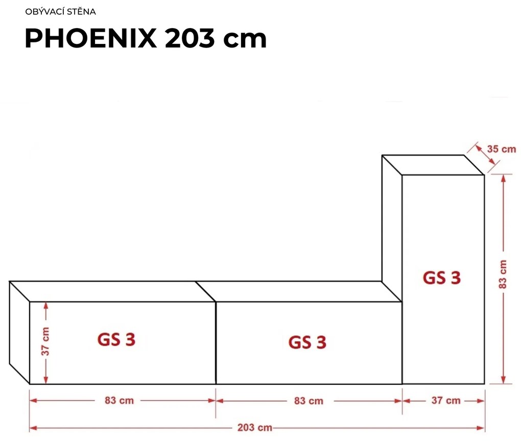 Ral Obývací stěna PHOENIX 2, 203 cm - Bílý lesk