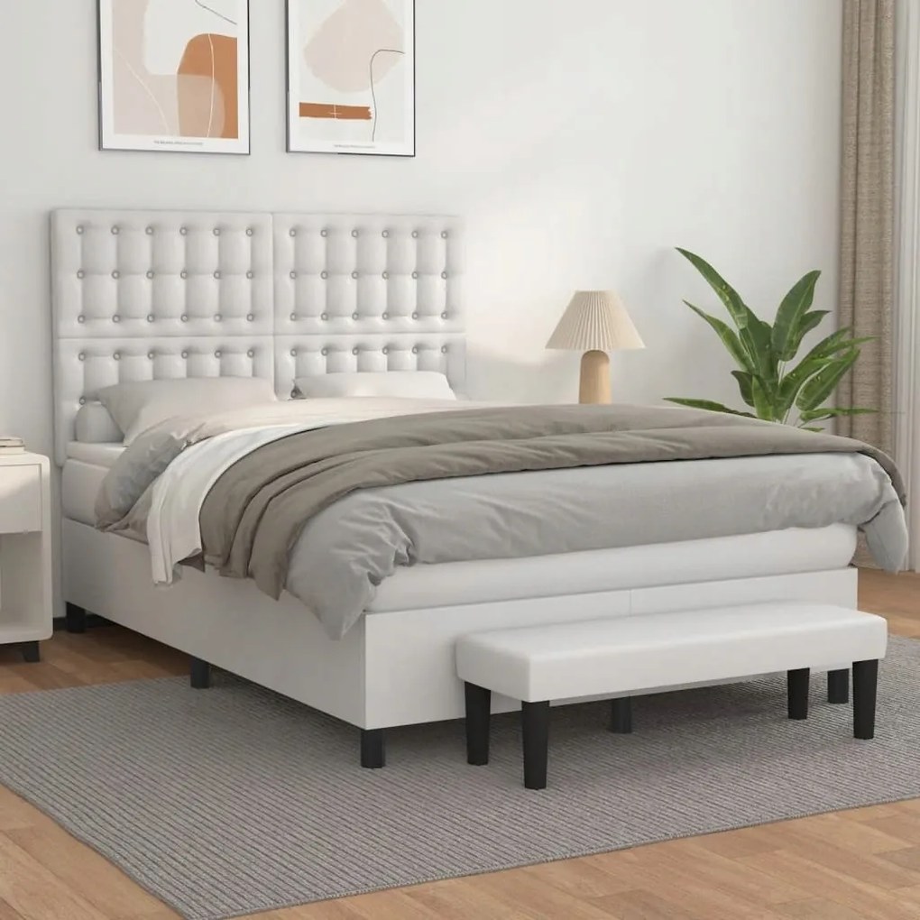 Box Spring Postel S Matrací Umělá Kůže Bílá tlačítka 140 x 200 cm