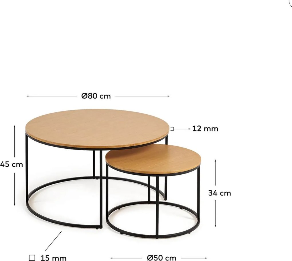 MUZZA Set 2 odkládacích stolků noya Ø 80 / Ø 50 cm dub