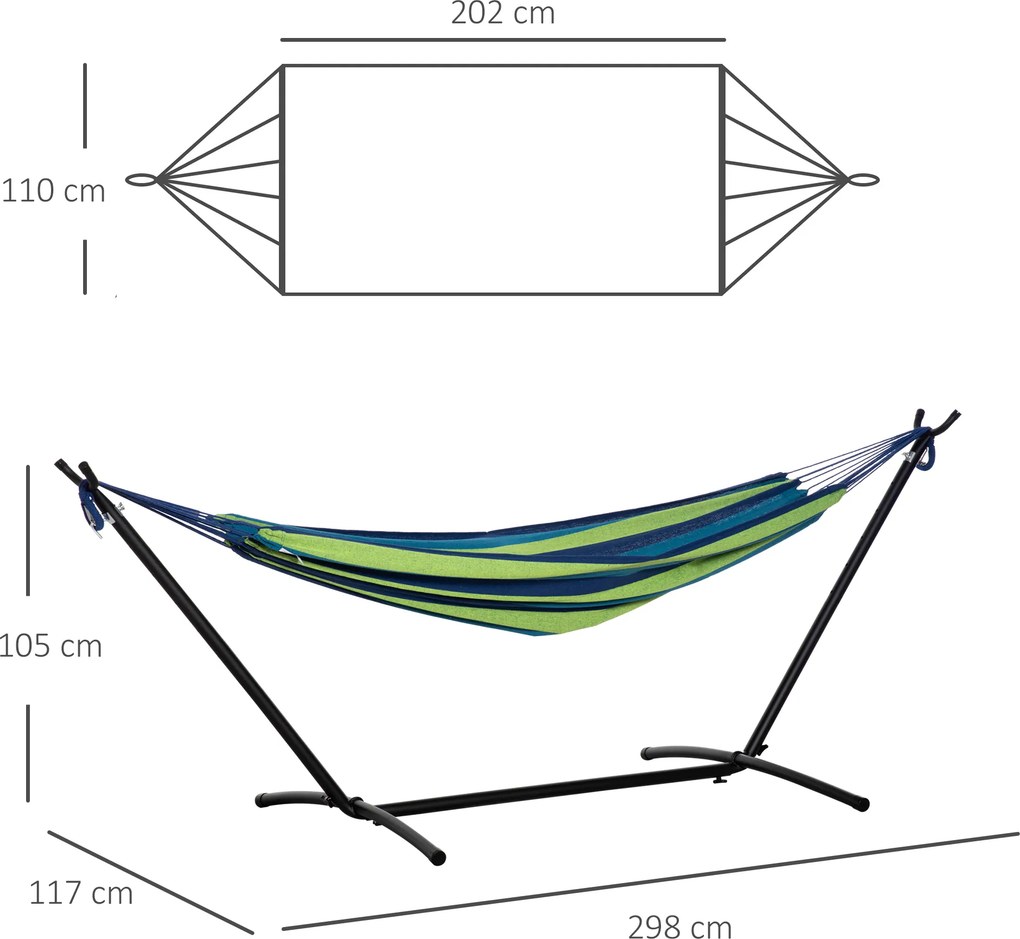 Houpací síť Outsunny s konstrukcí 310x117 cm, přenosná kempovací houpací síť s nastavitelnou výškou, nosnost 120 kg, pruhovaná zelená a modrá