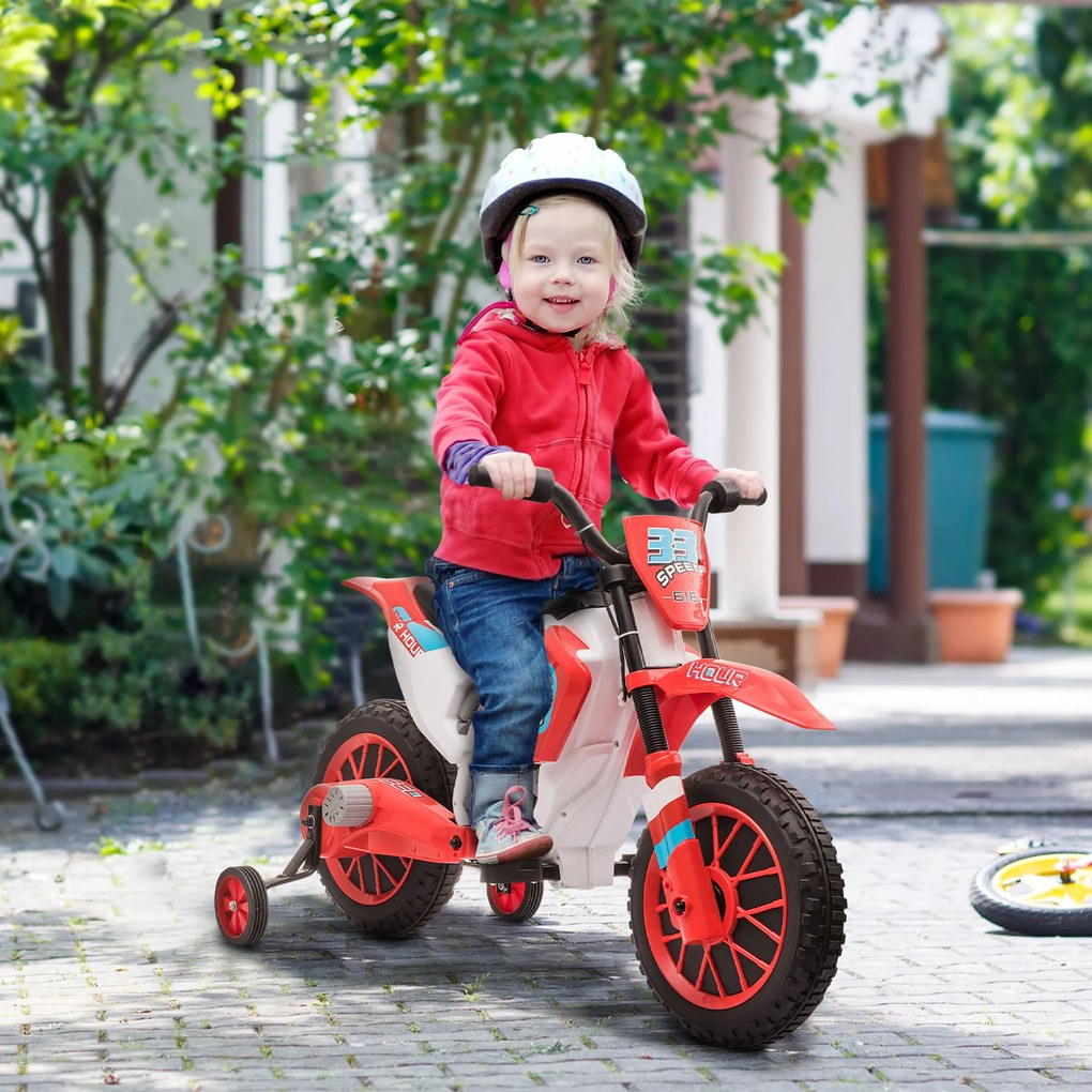 HOMCOM Dětská Elektrická Motorka 12V s 2 Odnímatelnými Stabilizátory pro Děti od 3 Let PP Kovová Červená+Bílá 106,5 x 51,5 x 68 cm