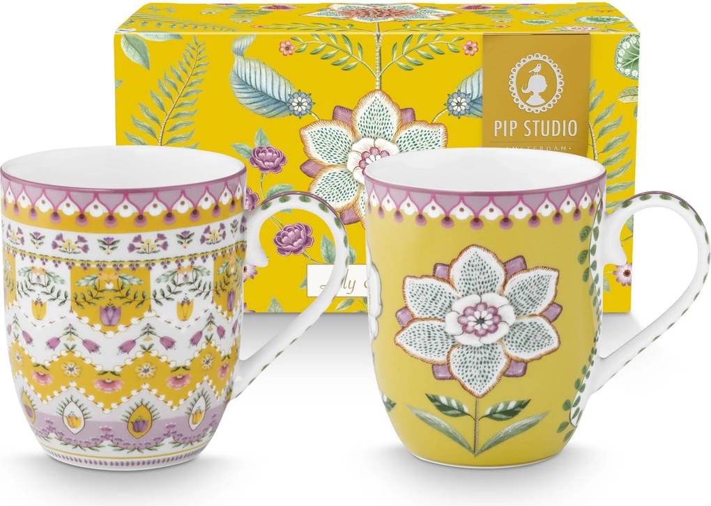 Pip Studio Lily &amp; Lotus sada 2 hrnků 180ml, žlutá (sada 2 hrnků v dárkovém balení)