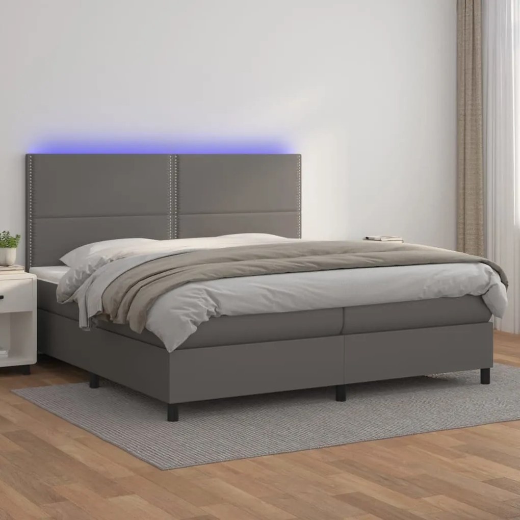 Box spring postel s matrací a LED šedá 200x200 cm umělá kůže