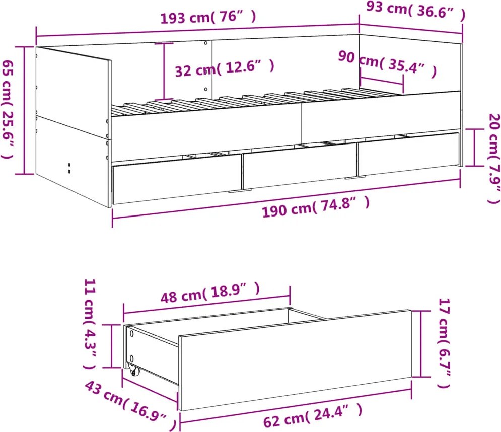 vidaXL Válenda se zásuvkami 90 x 190 cm kompozitní dřevo [3280830]