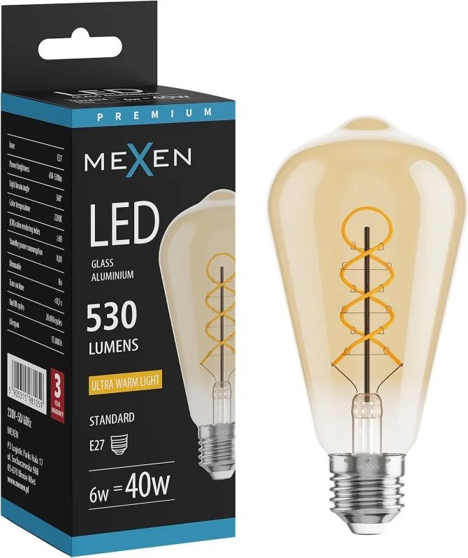 Mexen Vintis, LED filamentová žárovka E27, ST64, 6 W, teplá bílá 2700K, jantarová, L162-E27-0627-50